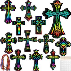 RoundFunny 48 Pcs Religious Cross Scratch Cards Rainbow Crosses Craft ...